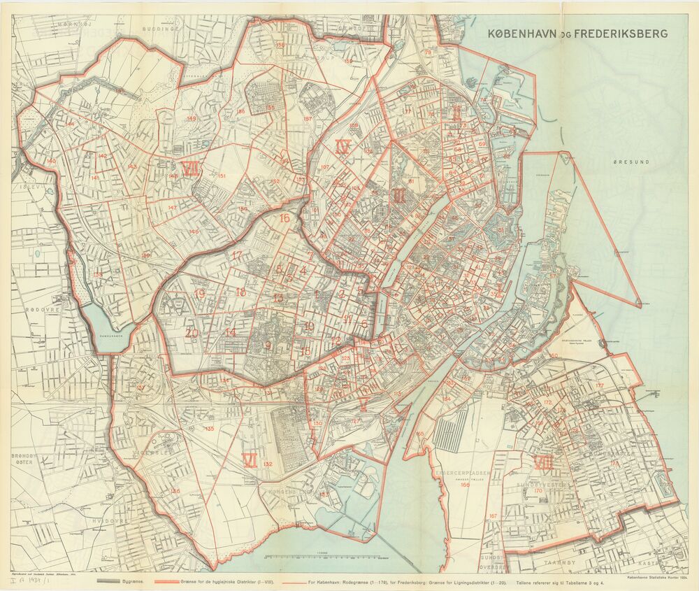 Kort over København og Frederiksberg med roder, hygiejniske distrikter ...