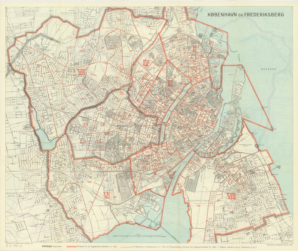 Kort over København og Frederiksberg med roder, hygiejniske distrikter ...