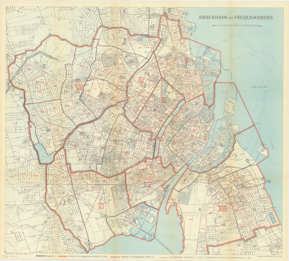 Kort over København og Frederiksberg med roder, hygiejniske distrikter ...