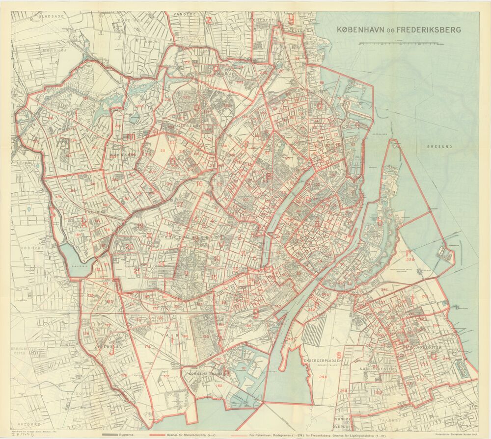 Kort over København og Frederiksberg med roder, hygiejniske distrikter ...