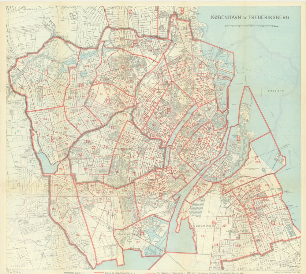 Kort over København og Frederiksberg med roder, hygiejniske distrikter ...