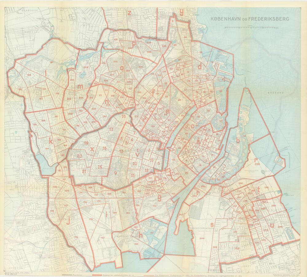 Kort over København og Frederiksberg med roder, hygiejniske distrikter ...