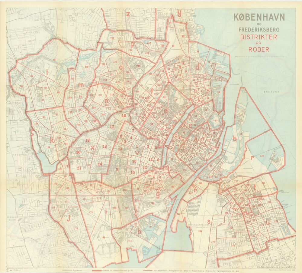 Kort over København og Frederiksberg med roder, hygiejniske distrikter ...