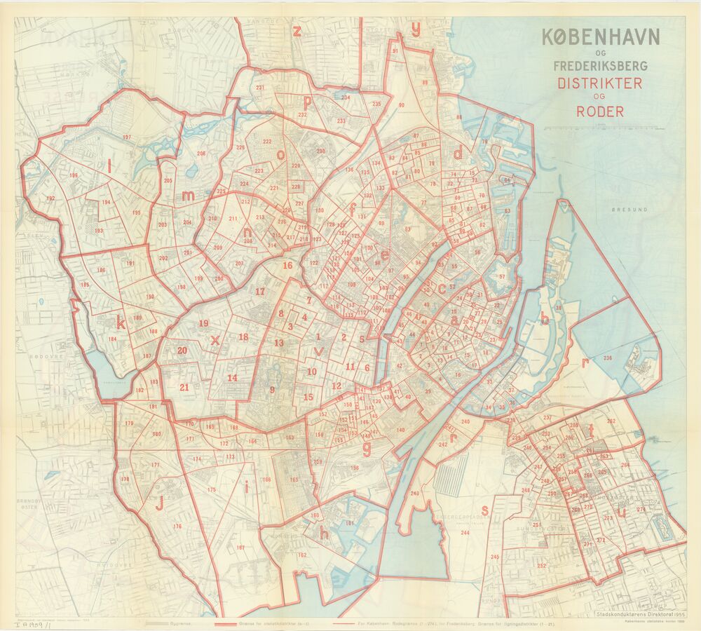 Kort over København og Frederiksberg med roder, hygiejniske distrikter ...