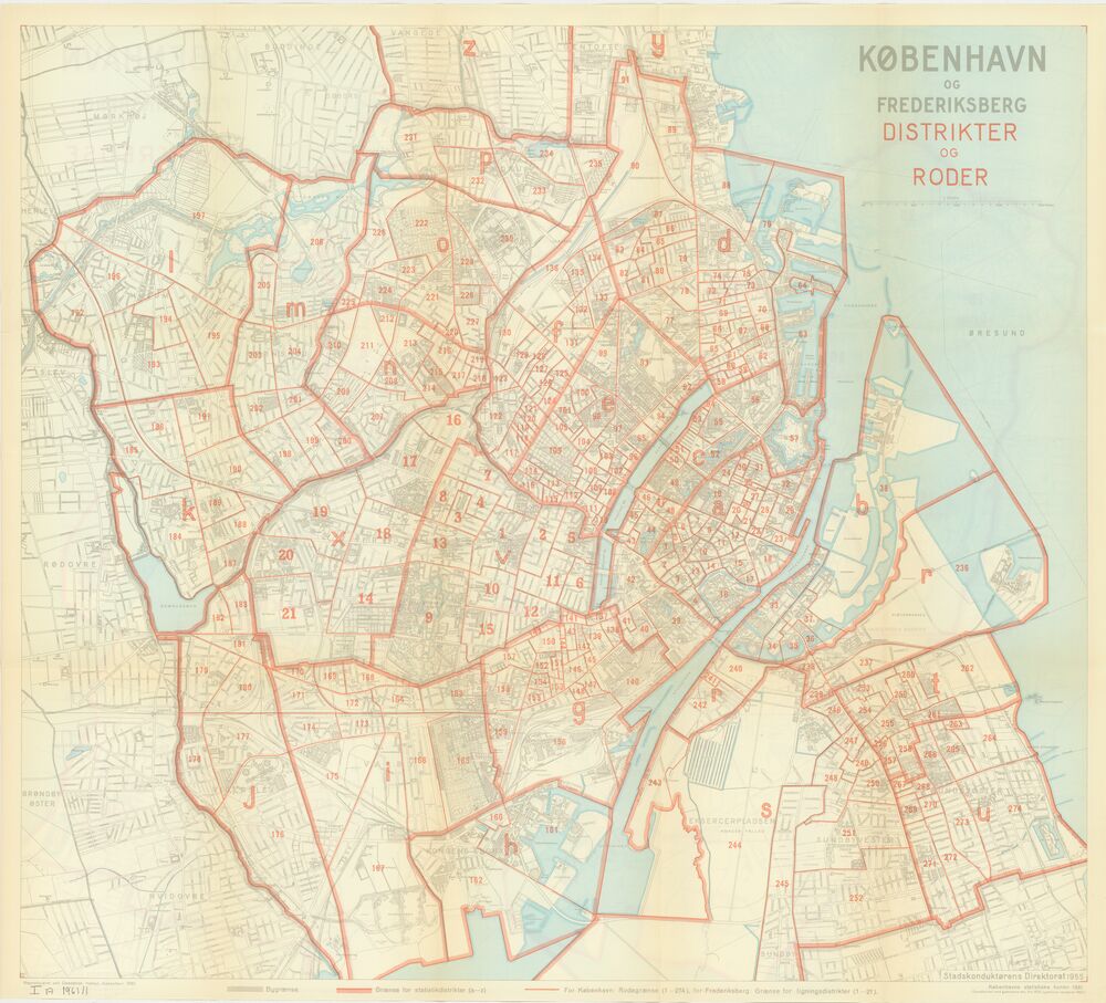 Kort over København og Frederiksberg med roder, hygiejniske distrikter ...