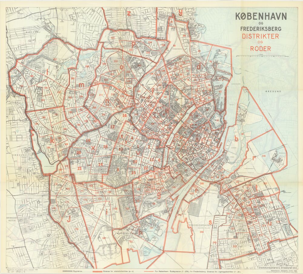 Kort over København og Frederiksberg med roder, hygiejniske distrikter ...