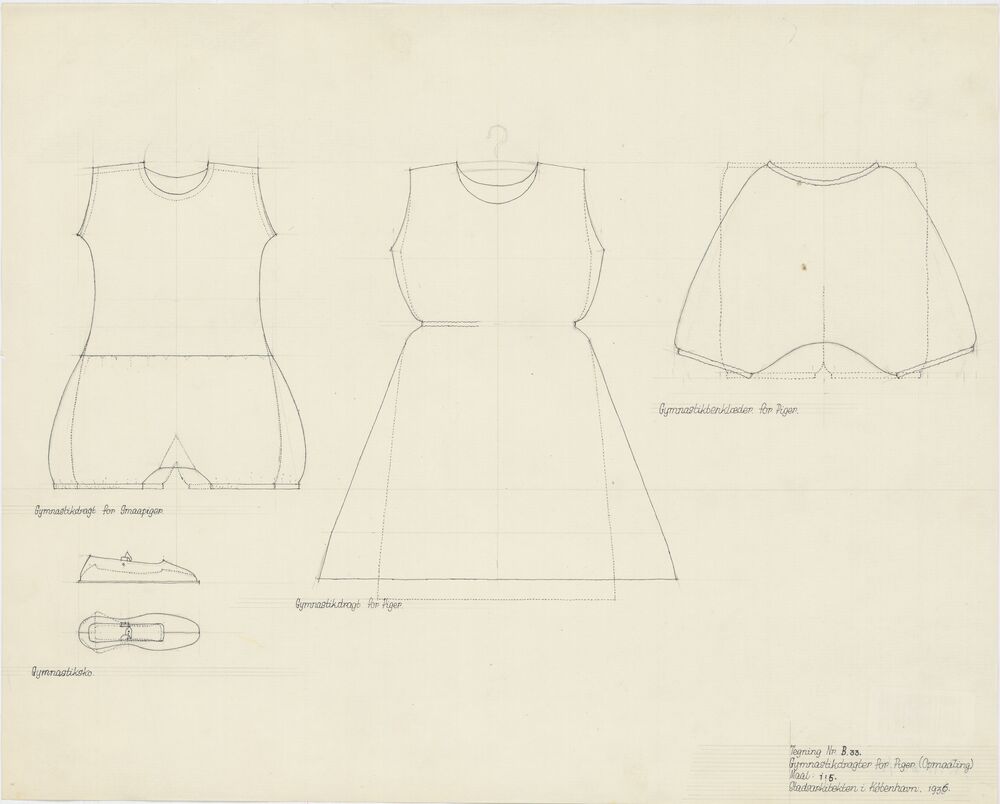 Skoleinventar. Gymnastikdragter- og benklæder samt gymnastiksko til ...